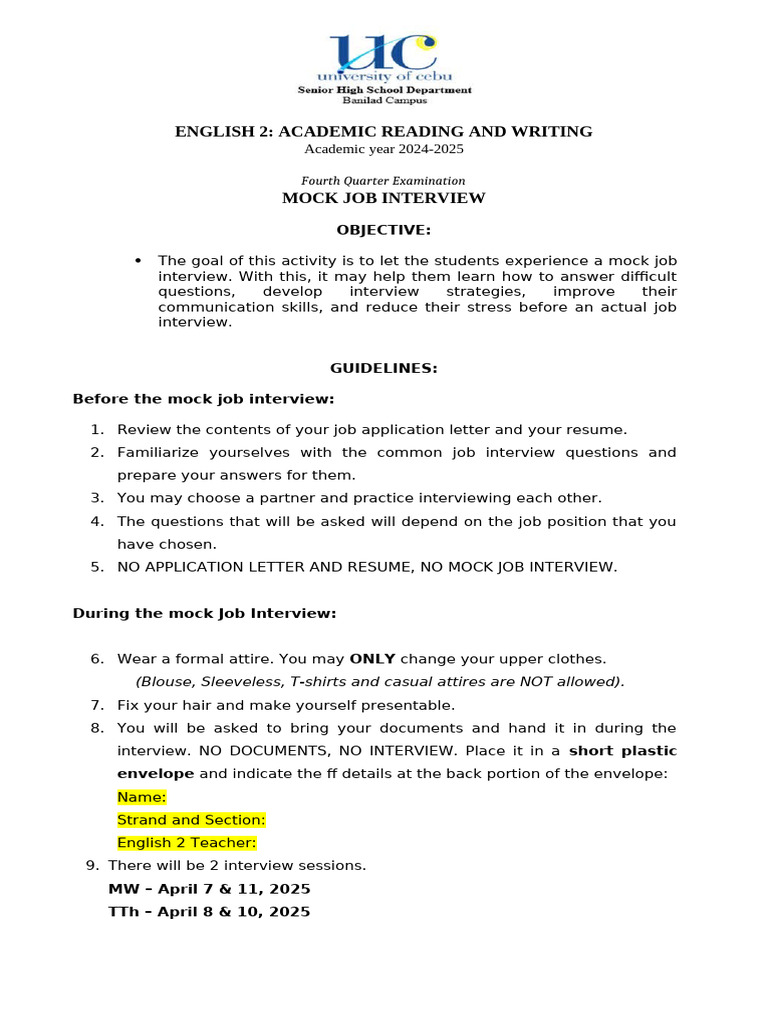 Mock Job Interview Guidelines 2023 | PDF