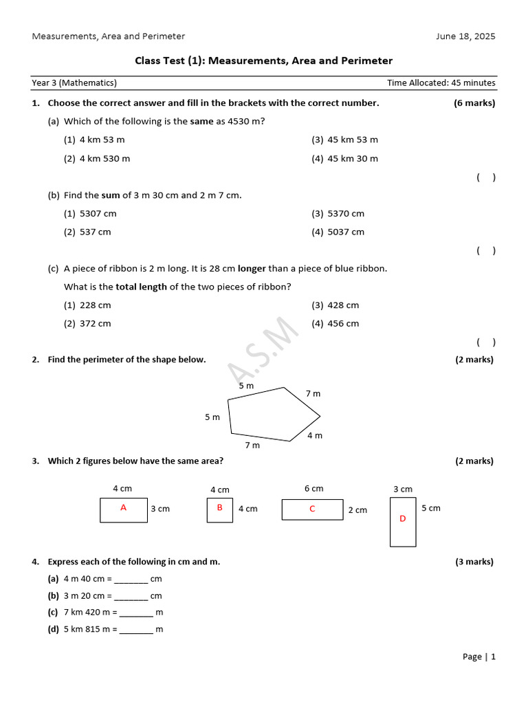 Measurements, Area and Perimeter (Class Test) | PDF | Area