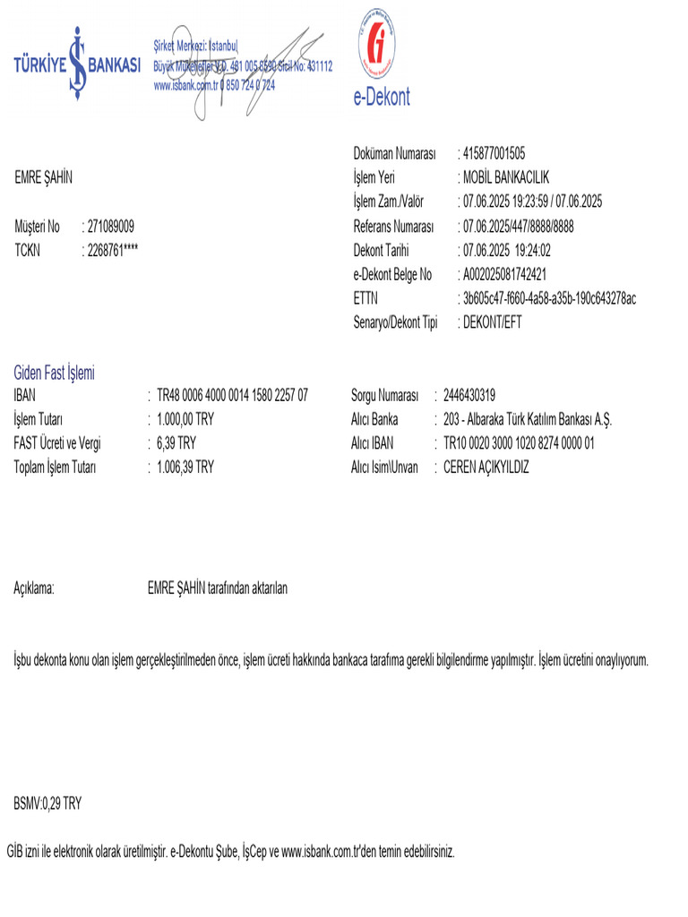 E-Dekont: Doküman Numarası | PDF
