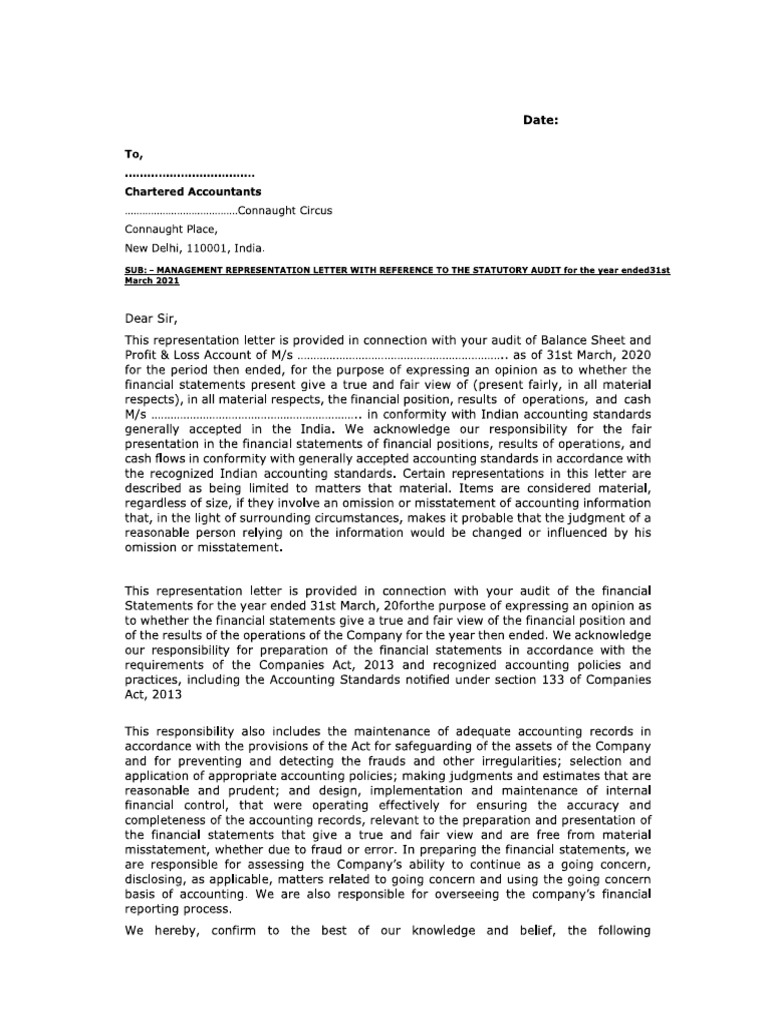 Sample Management Representation Letter | PDF