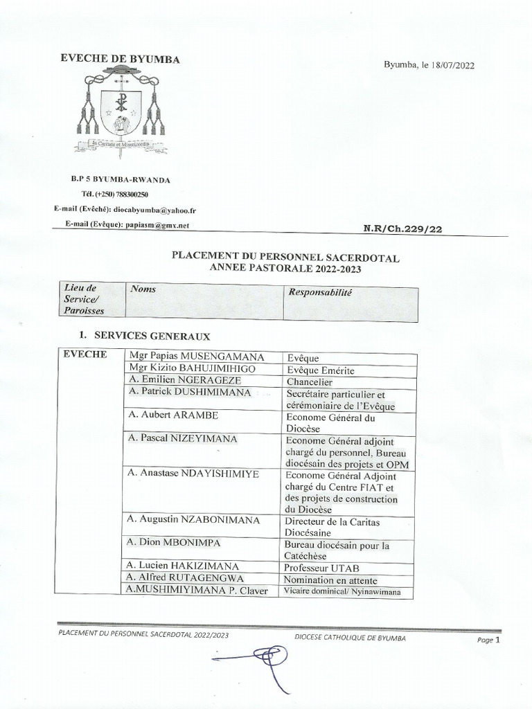 Diocèse Byumba - Placement Personnel Sacerd 2022 - 2023 | PDF