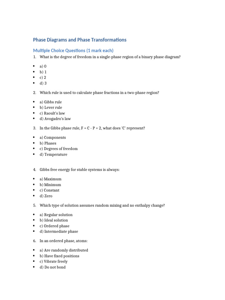 Phase Diagram MCQs for Students | PDF | Mechanical Engineering ...