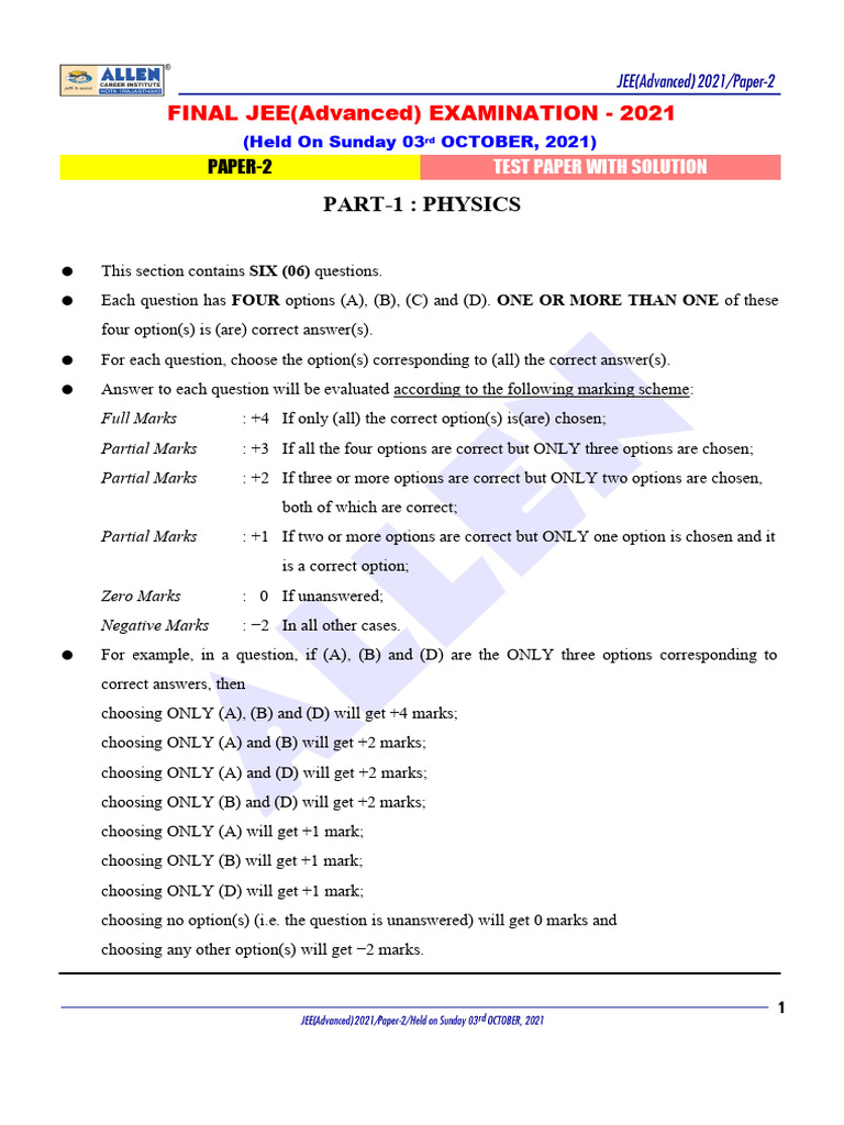JEE Advanced 2021 Paper-2 With Answer Solution Fqpv32 | PDF | Dipole ...