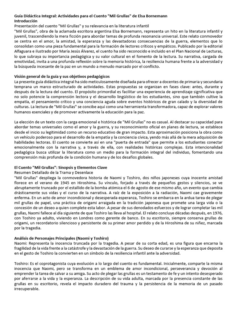 Guía Didáctica: "Mil Grullas" de Bornemann | PDF | Comprensión lectora ...