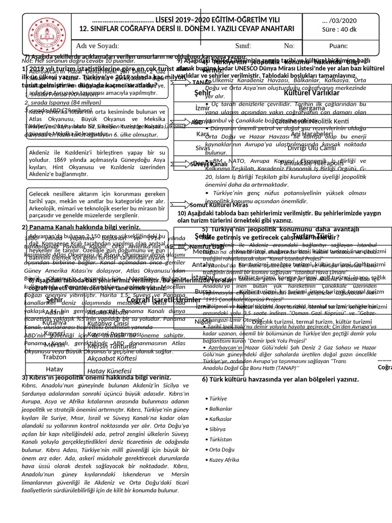 12 Sinif 2 Donem 1 Yazili Cevap Anahtari 2020 | PDF