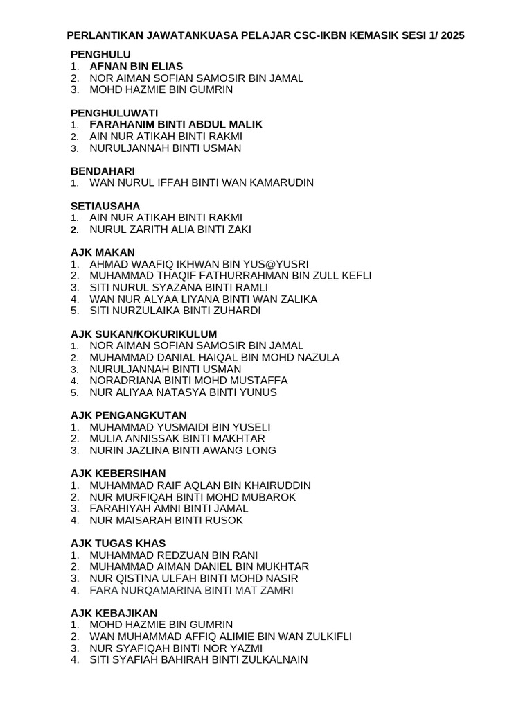 Perlantikan Jawatankuasa Pelajar CSC | PDF