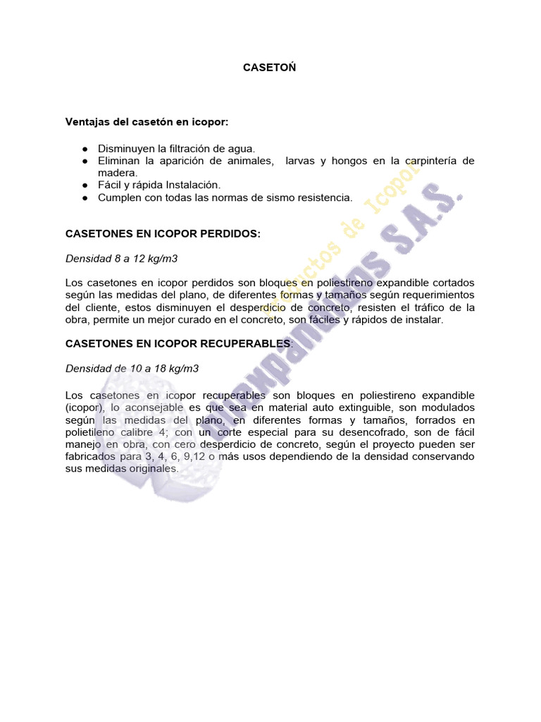 Casetones de Icopor: Ventajas y Tipos | PDF