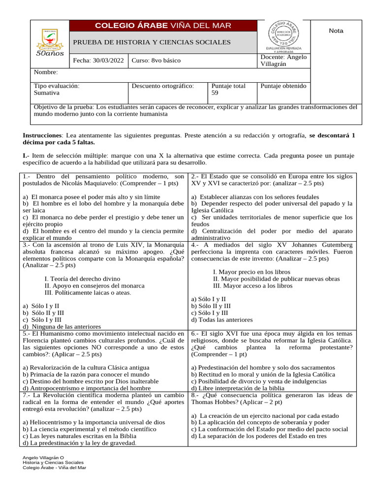 Prueba de Historia 8vo Básico 2022 | PDF | Estado (política) | Iglesia ...