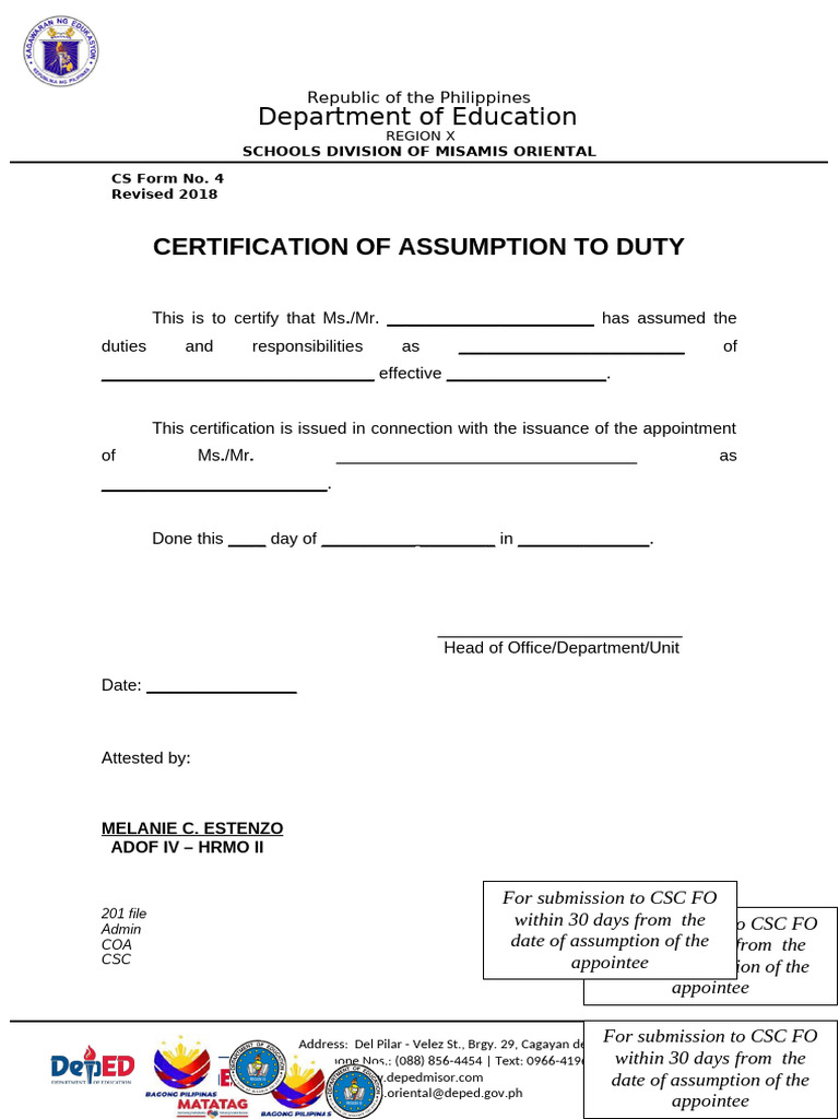 D CS Form No. 4 Certification of Assumption To Duty | PDF