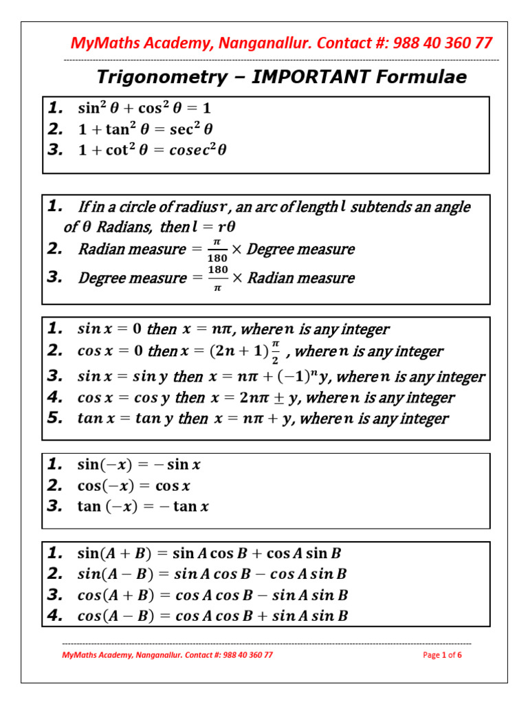Trigonometry Formulae Master | PDF | Euclidean Geometry | Trigonometry