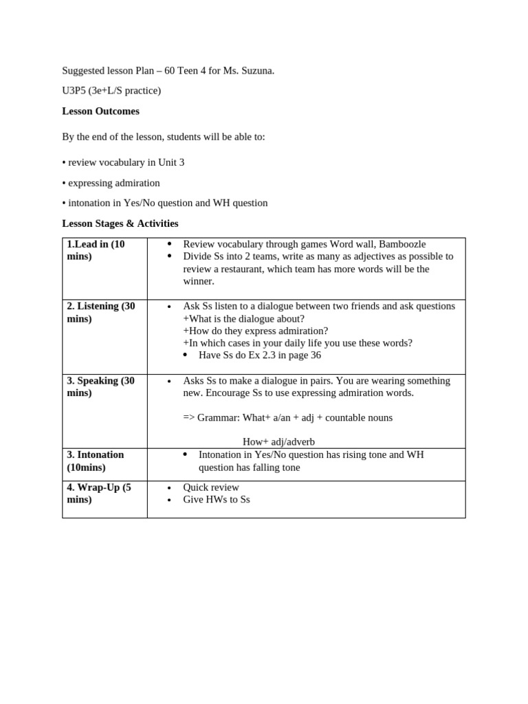 Suggested Lesson Plan - U3P5 (3e) | PDF
