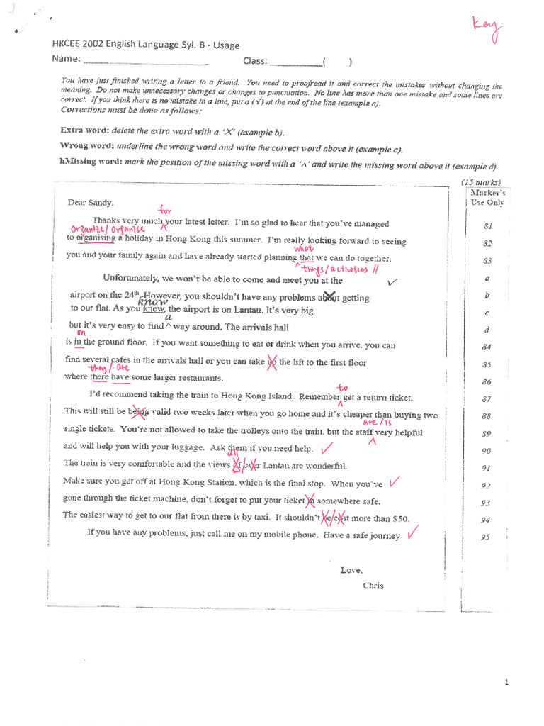 HKCEE 2002 Cloze and Proofreading - Key | PDF