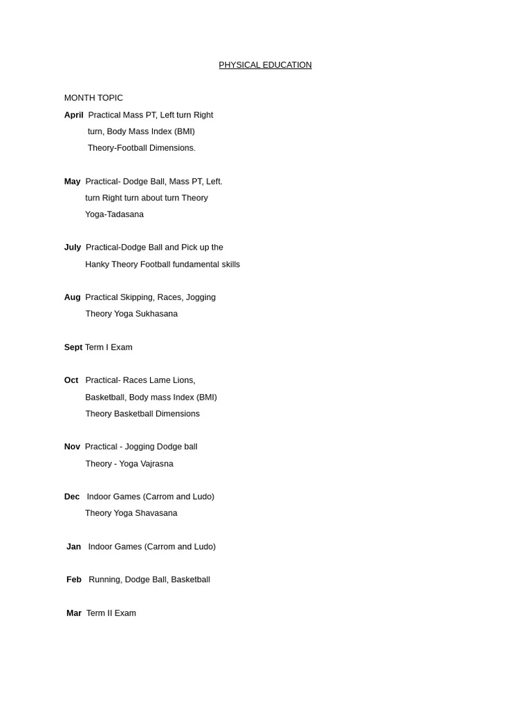 Monthly Physical Education Curriculum | PDF