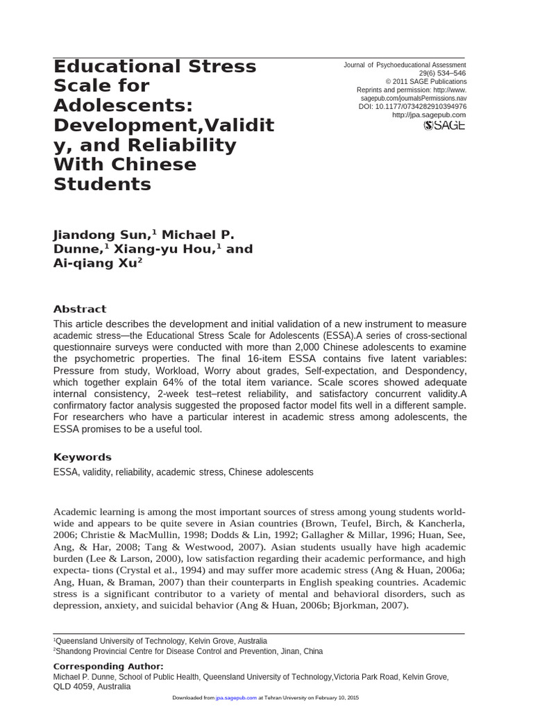 Educational Stress Scale For Adolescents Development Validity and ...