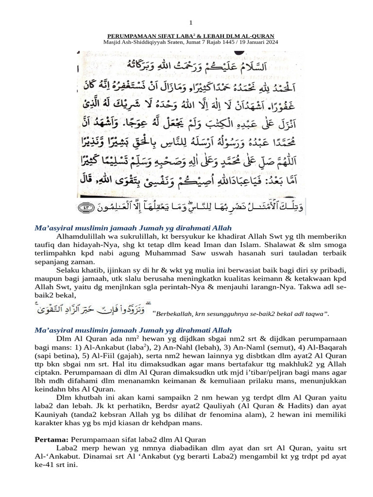 Perumpamaan Sifat Laba2 & Lebah DLM Al-Quran, 19 Januari 2024 | PDF