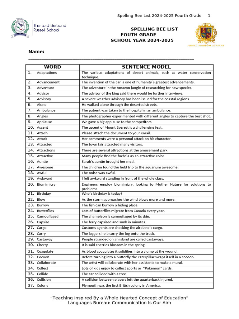 2024-2025 Fourth Grade Spelling Bee List | PDF