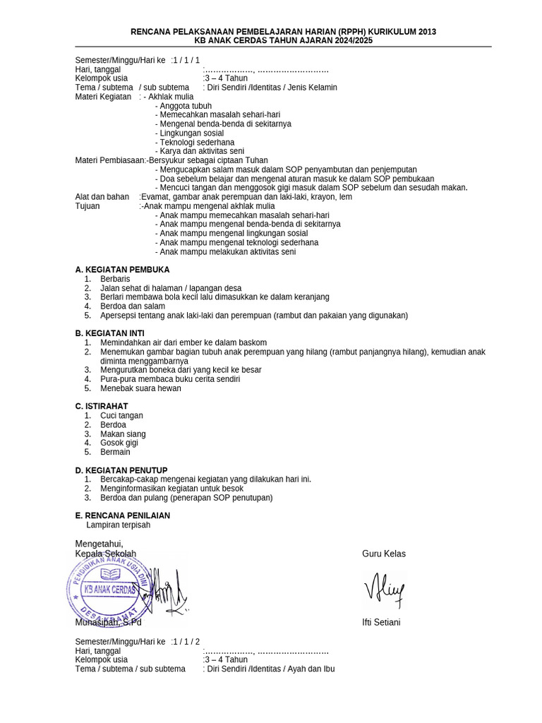 RPPH KB Anak Cerdas 2024/2025 | PDF