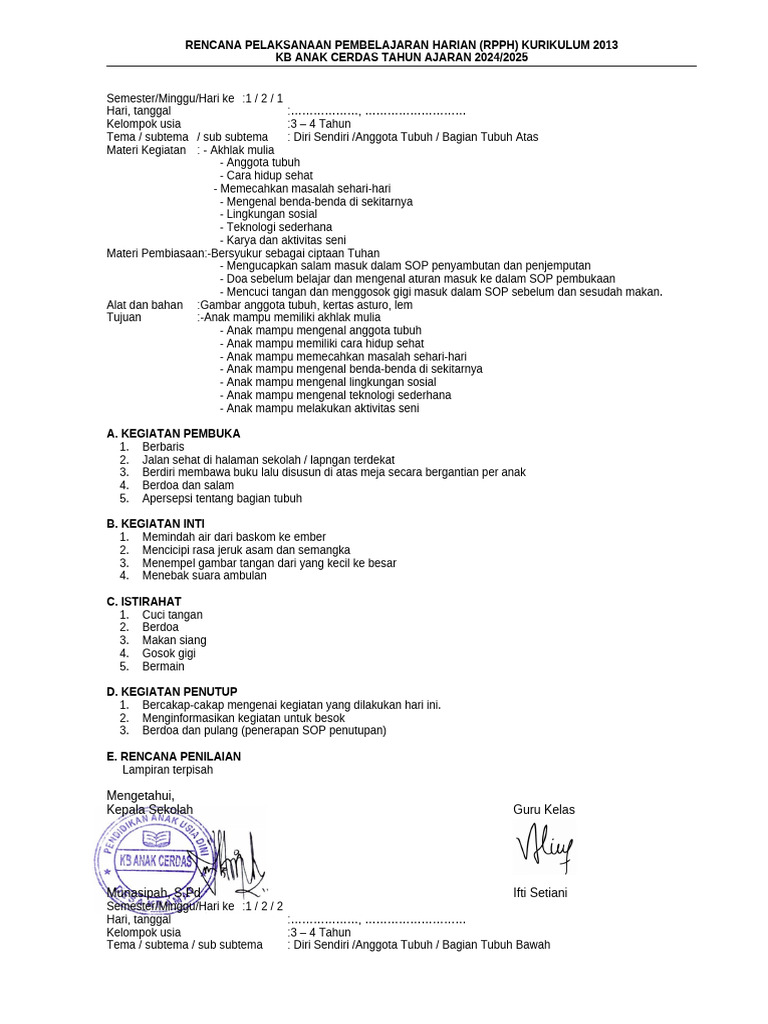 RPPH Awal Fokus Smt1 Minggu - 02 - Anggota Tubuh | PDF