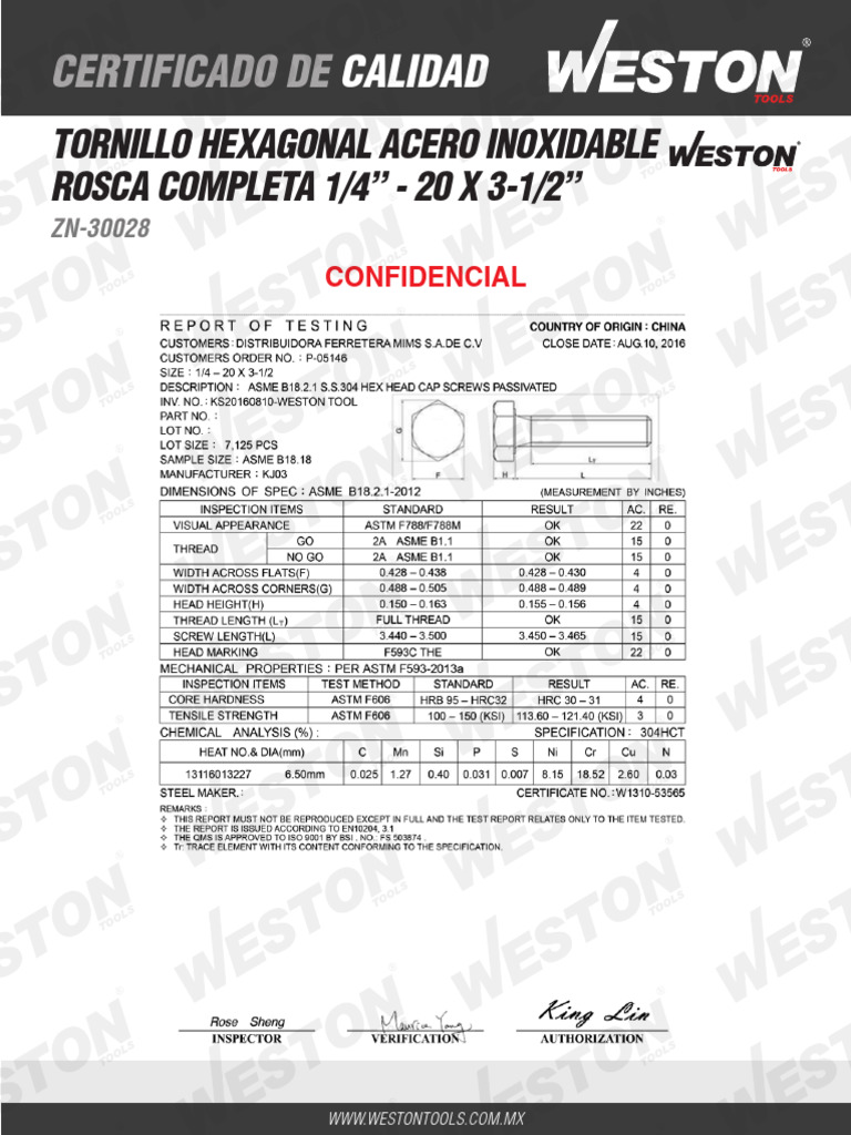 CT TornilloHexagonalAceroInoxidableEstandarRoscaCompleta ZN-30028 | PDF
