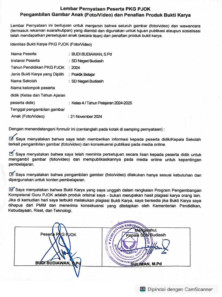 Budi Budiawan - Bukti Karya - Lembar Pernyataan Peserta PKG PJOK. | PDF