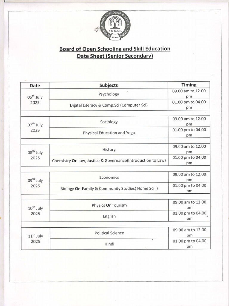 Date Sheet For Senior Secondary | PDF