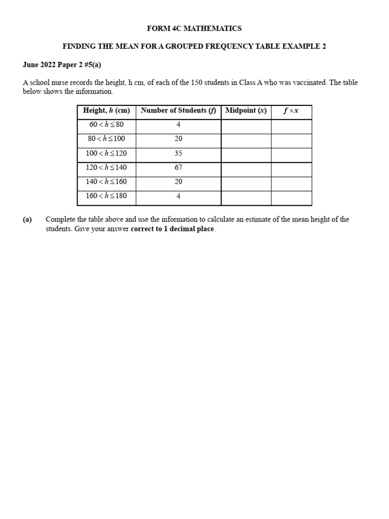 Finding The Mean For A Grouped Frequency Table Example 2 | PDF