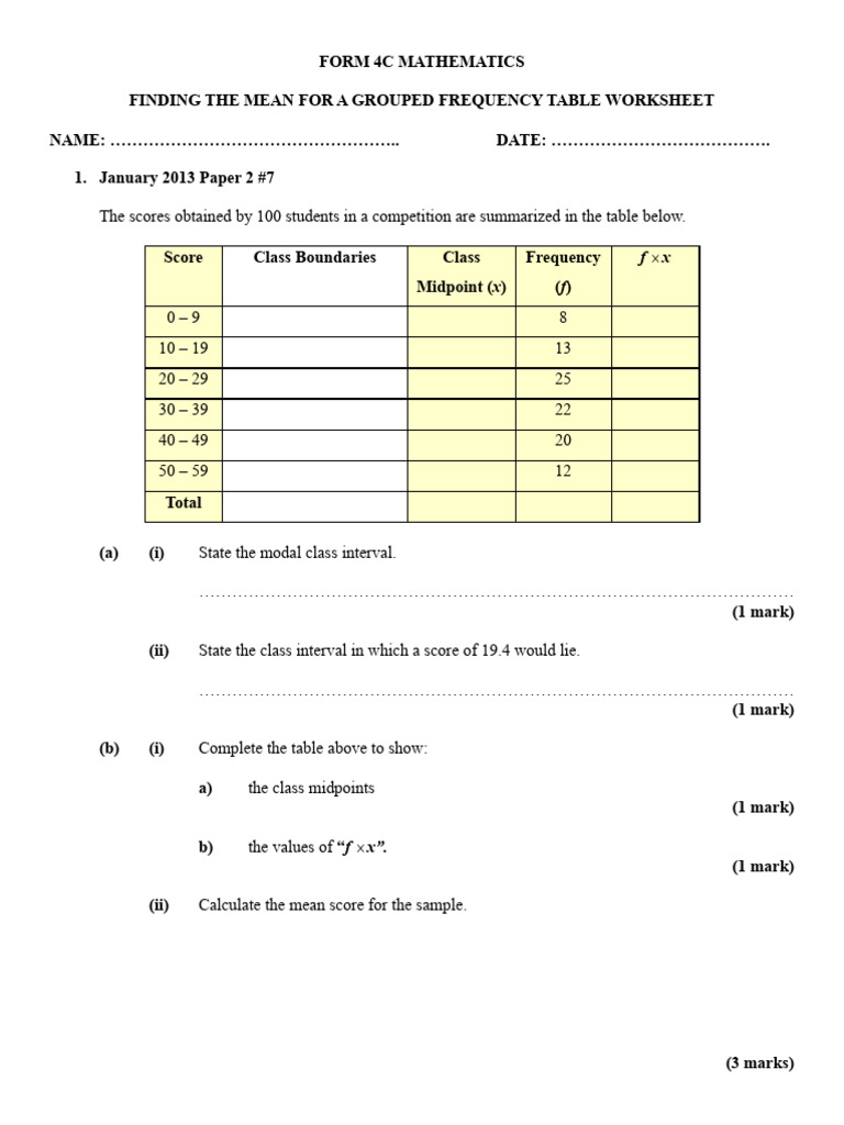 Finding The Mean For A Grouped Frequency Table Worksheet | PDF | Mean ...