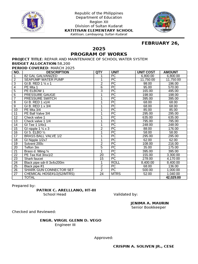 PROGRAM of Works and Project Proposal WATER SYSTEM | PDF | Hydraulics ...