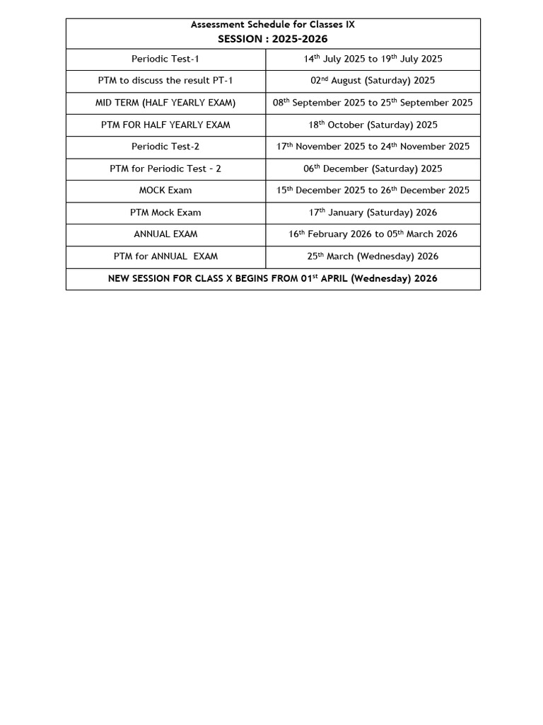 Class 9 Exam Schedule 2025-26 | PDF | Educational Stages | Qualifications
