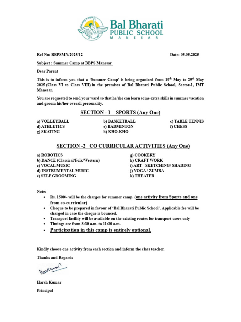 BBPS Manesar Summer Camp 2025 Details | PDF
