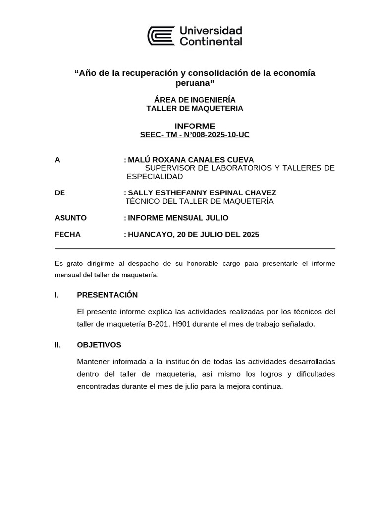 Informe Mensual Julio 2025 - Esthefanny Espinal | PDF | Diseño ...