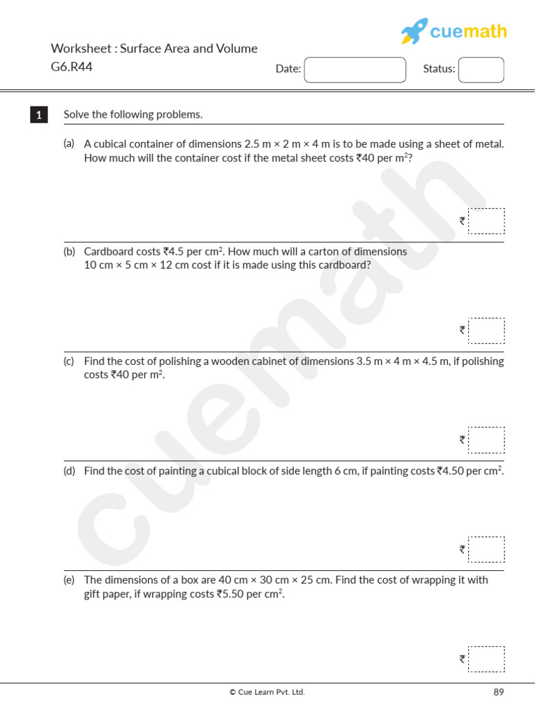 Grade 6 Surface Area & Volume Worksheet | PDF