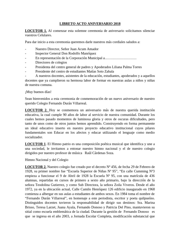 Libreto Aniversario 2018 Modificado | PDF | Enseñando