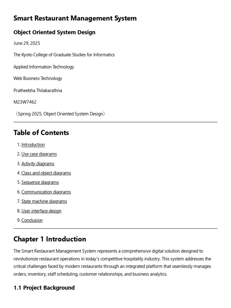 Smart Restaurant Management System - Final Report | PDF | Use Case | Menu