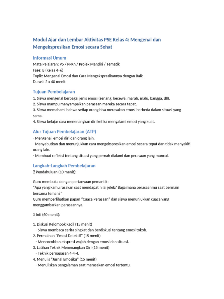 Modul PSE Kelas 4 Ekspresi Emosi | PDF