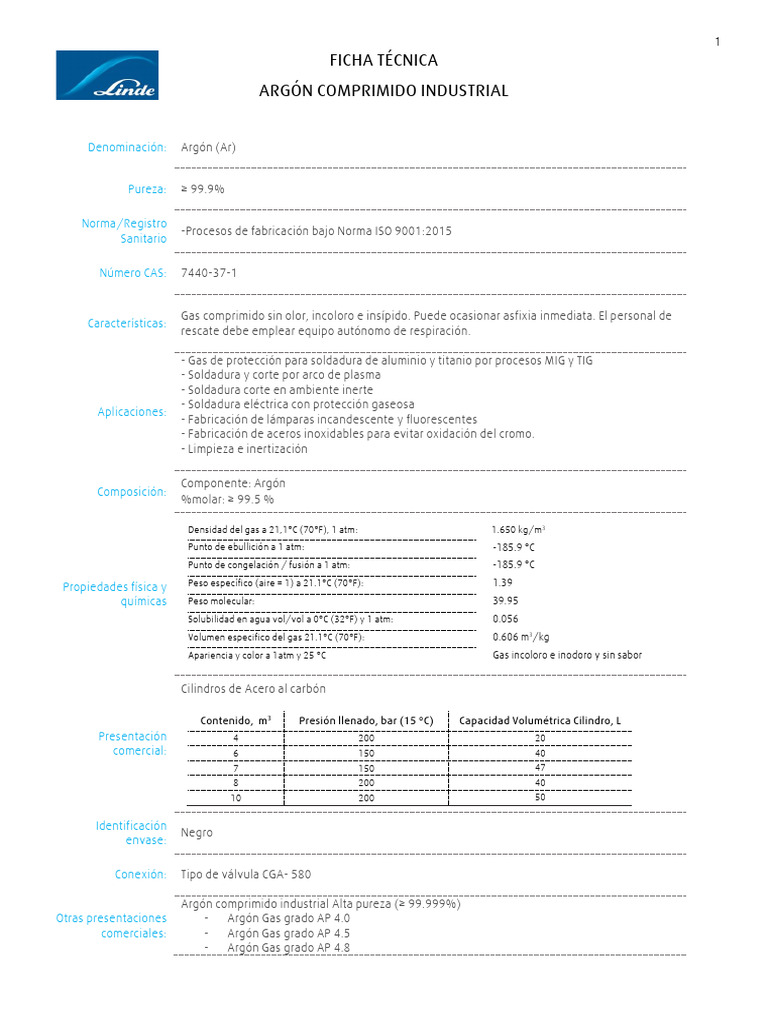 Ficha Tcnica Argn Comprimido Industrial | PDF | Argón | Soldadura