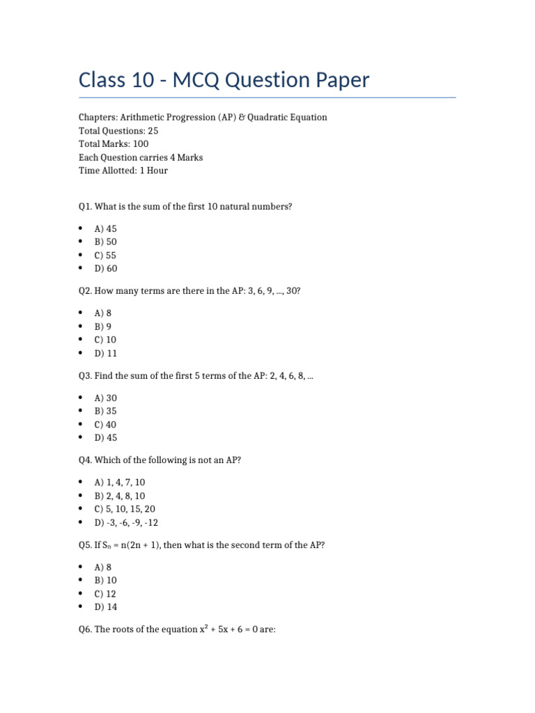 Class 10 AP & Quadratic MCQ Paper | PDF | Discrete Mathematics ...