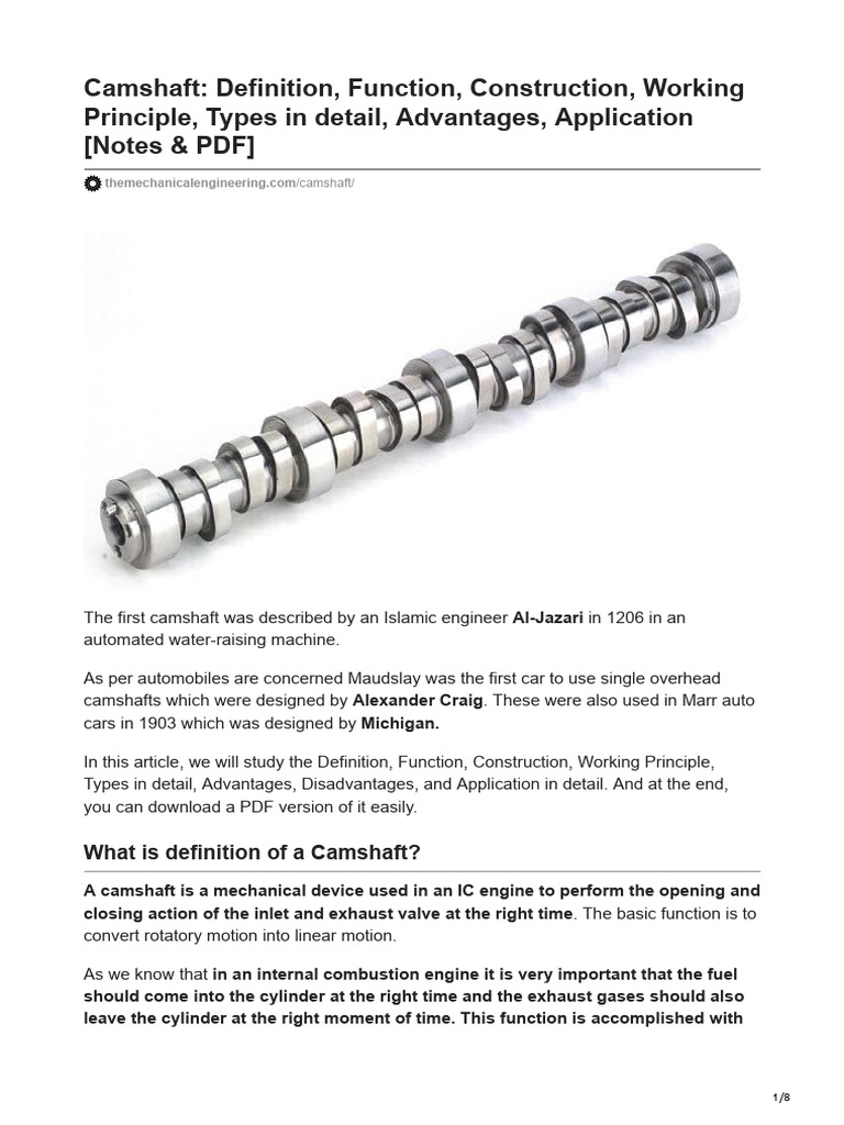 Camshaft Definition Function Construction Working Principle Types in ...