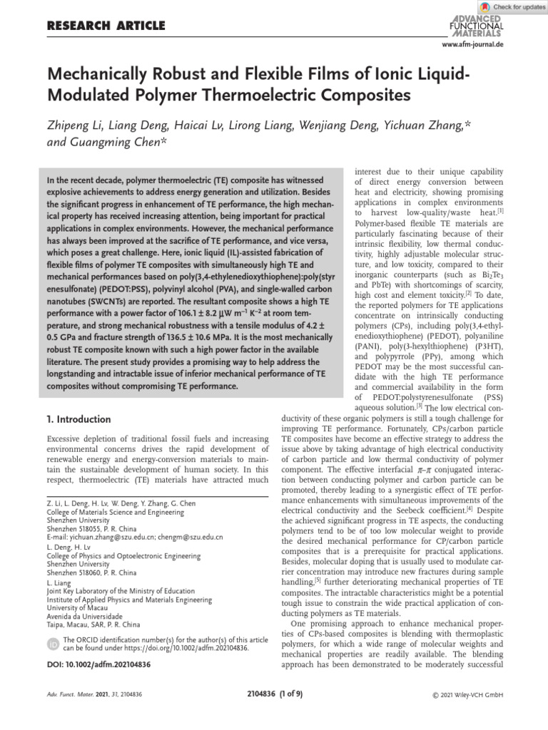 Robust Flexible Polymer Thermoelectric Films | PDF | Carbon Nanotube ...