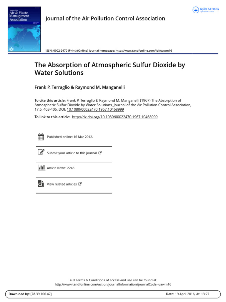 Absorption of Atmospheric Sulfur Dioxide by Water Solutions | PDF ...