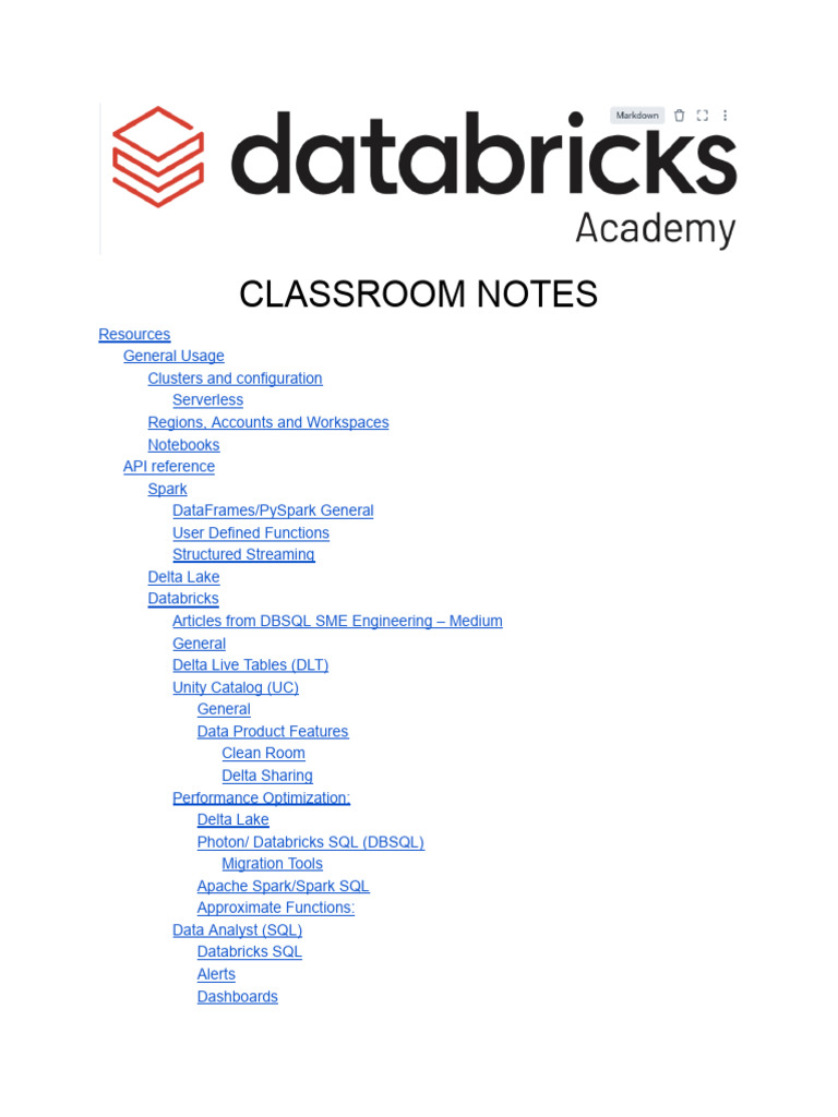 Databricks Comprehensive Classroom Notes | PDF | Apache Spark | Sql