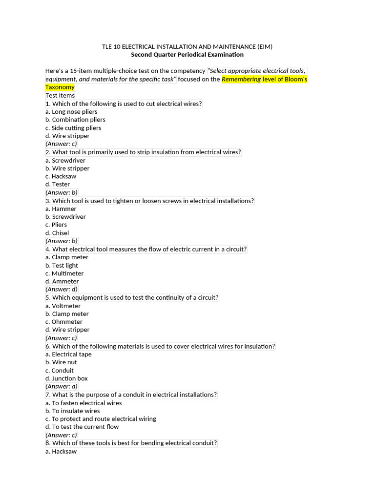 Tle Grde 10 Lesson Reviewer (Eim) | PDF | Electrical Wiring | Switch