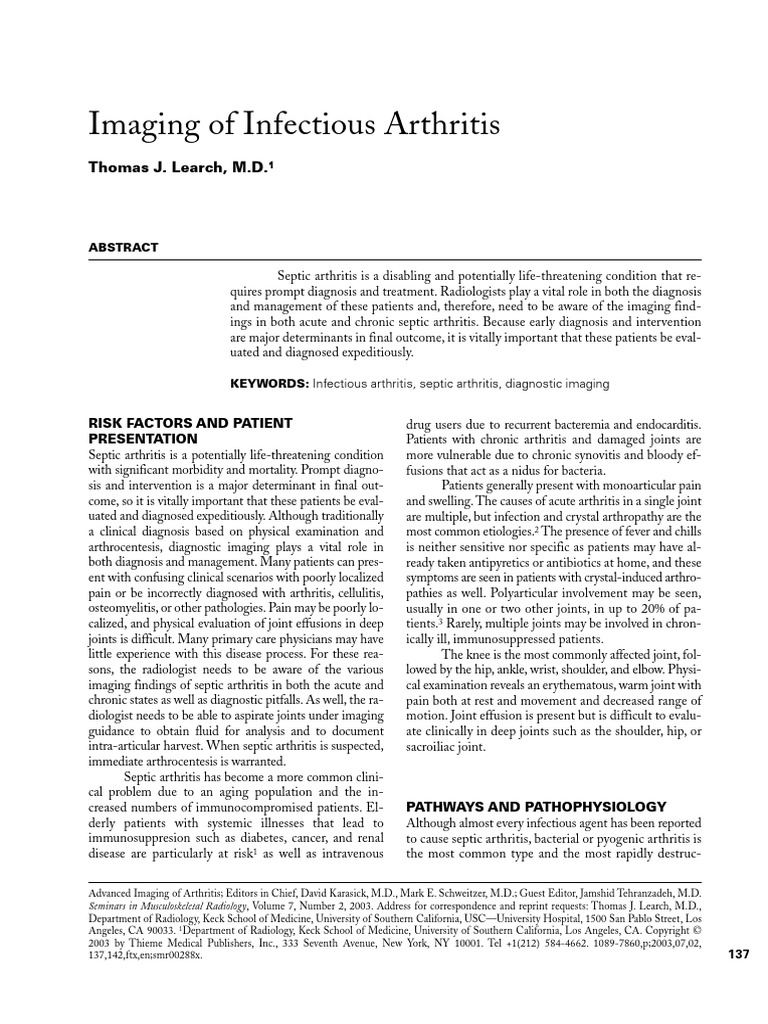 Imaging of Infectious Arthritis | PDF | Arthritis | Radiology