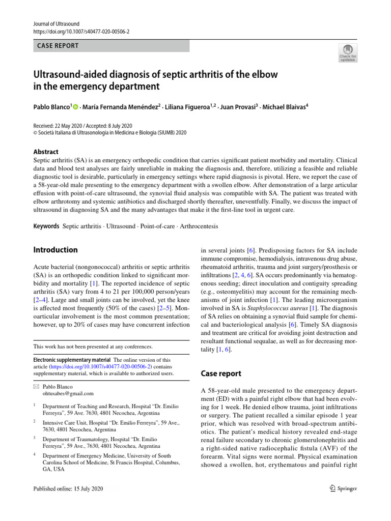 Ultrasound Aided Diagnosis of Septic Arthritis of The Elbow | PDF ...