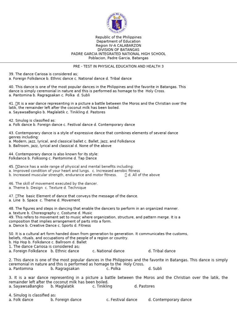 Pre-Test on Philippine Dance Forms | PDF | Dances | Ballroom Dance