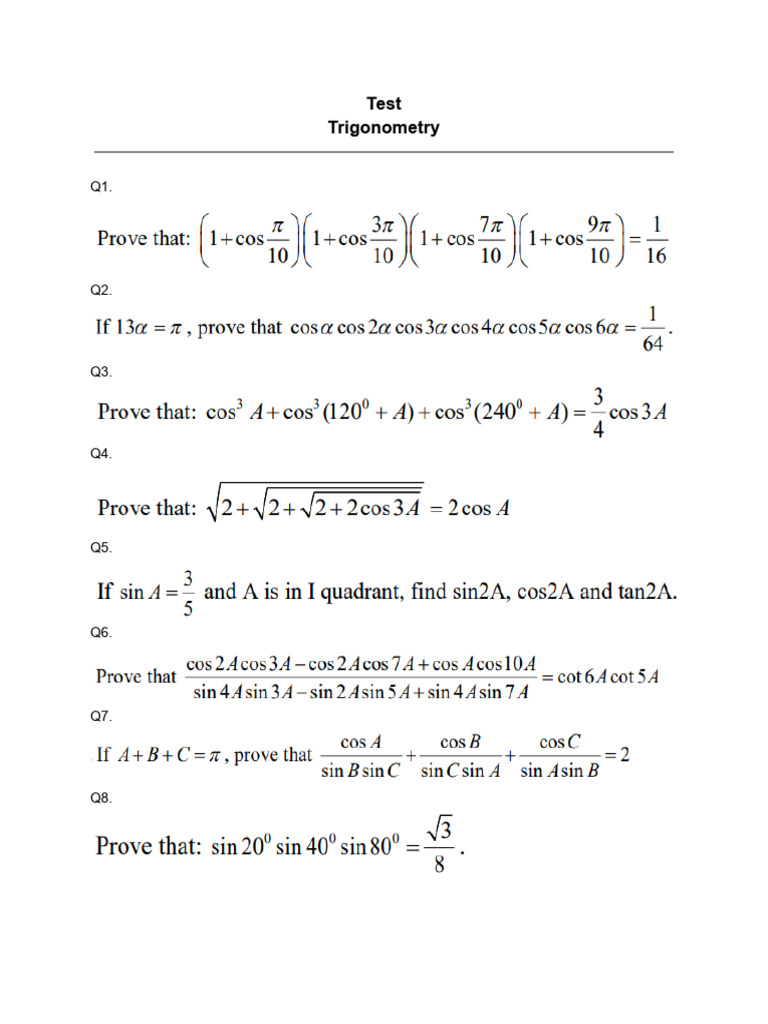 Test Trigonometry Class 11 | PDF