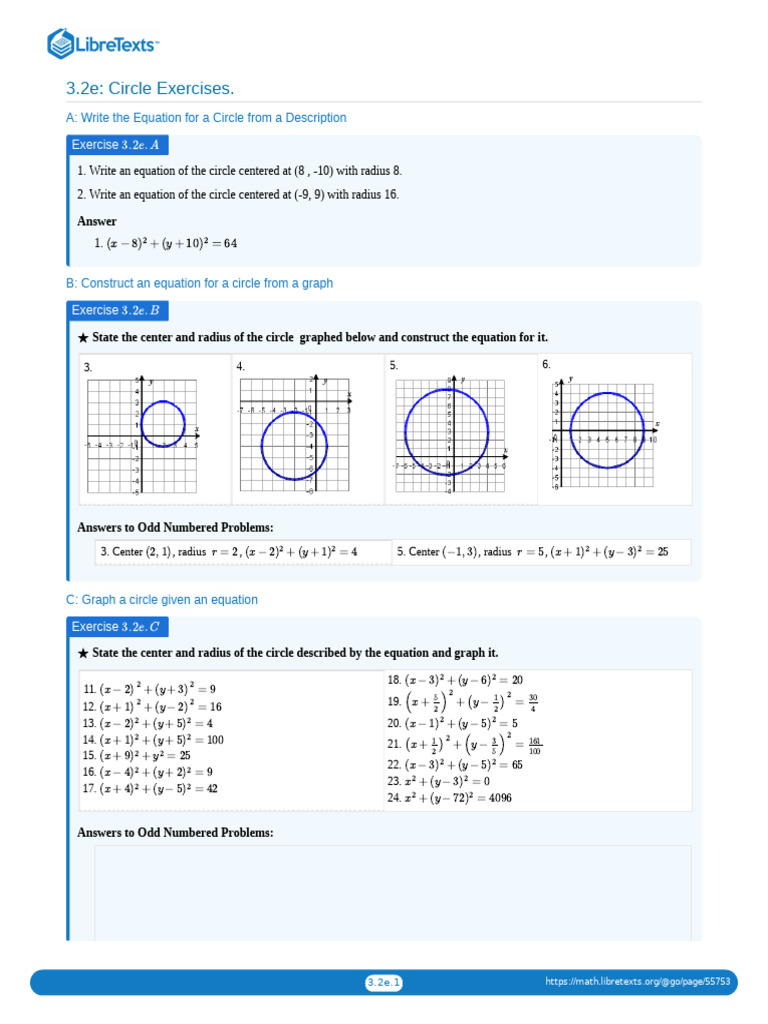 Equation of A Circle Exercises | PDF | Ellipse | Radius