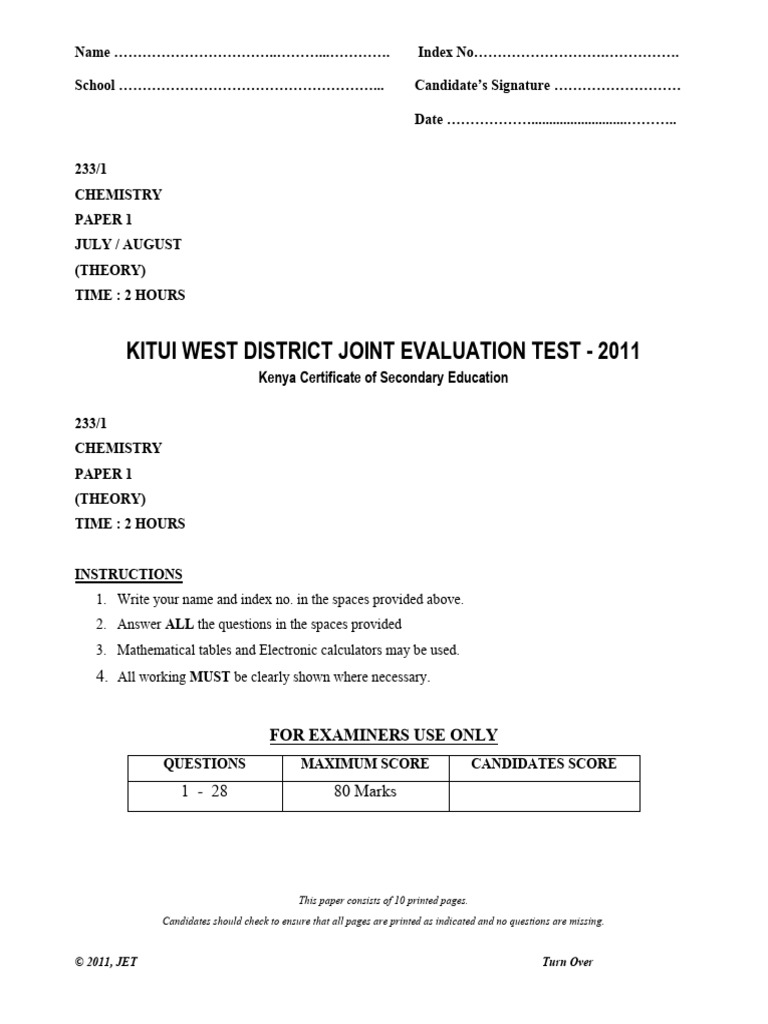 2011 Kitui West District Chemistry Paper 1 | PDF | Chlorine ...