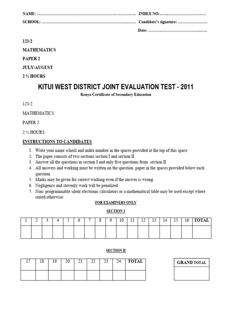 2011kitui West District Mathematics Paper 2 | PDF | Mathematics