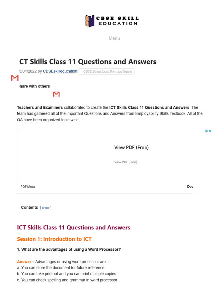 ICT Skills Class 11 Questions and Answers - CBSE Skill Education | PDF | Microsoft Word | Word ...